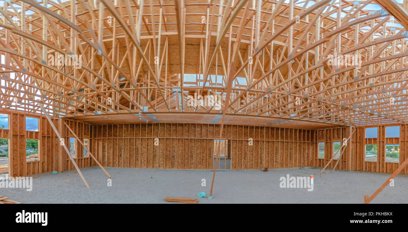 Wide angle of construction building interior pano Stock Photo - Alamy