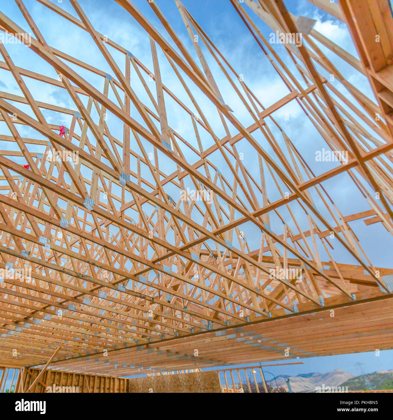 Wide angle roof beams wooden close up Stock Photo - Alamy