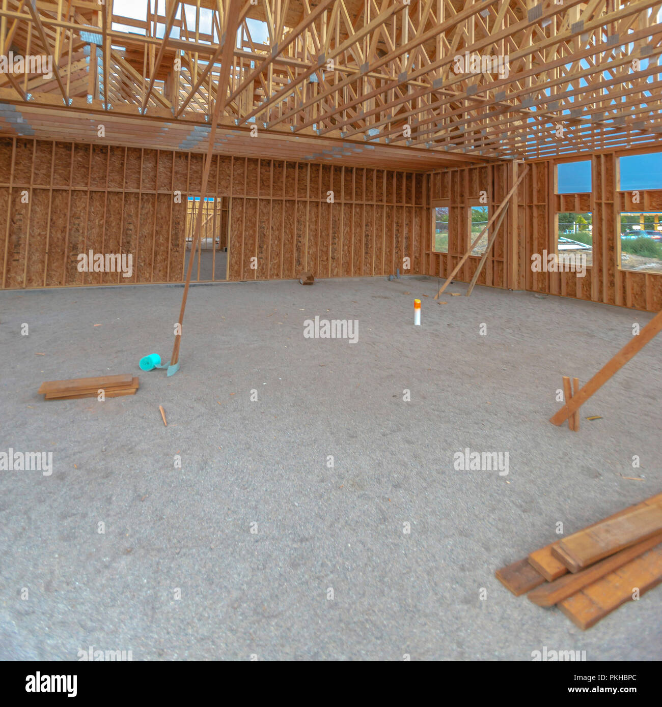 Wide angle tall view of building construction zone Stock Photo - Alamy