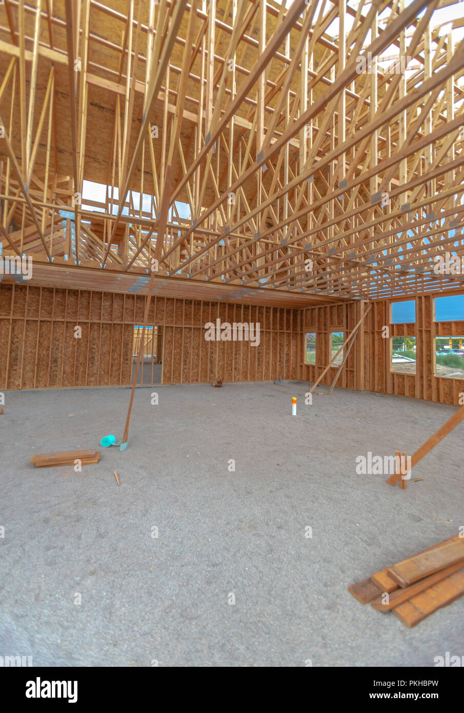 Wide angle tall view of building construction Stock Photo - Alamy