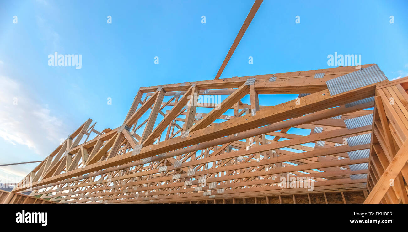 Wide angle upper roof of new constructed building Stock Photo - Alamy