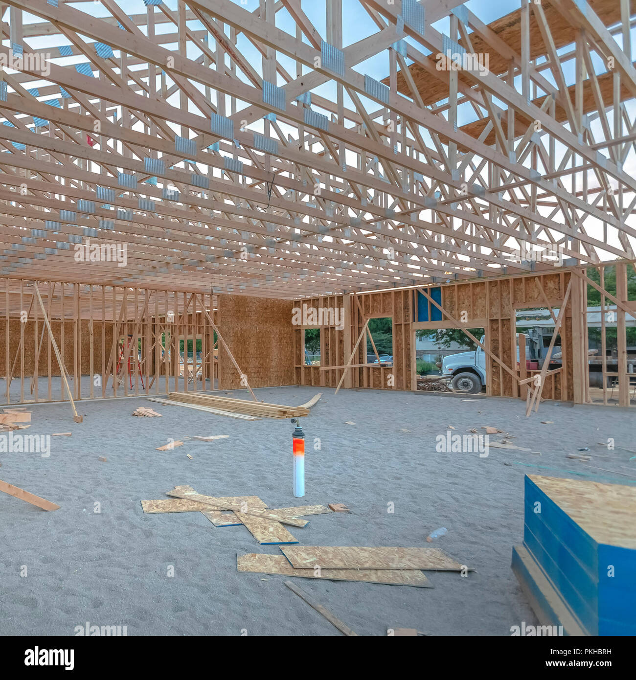 Wide angle view new construct building square Stock Photo - Alamy