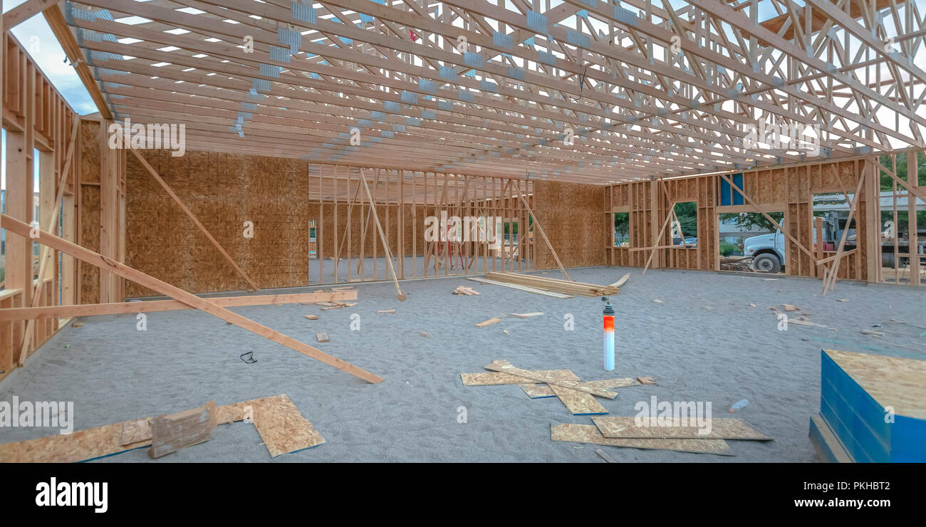 Wide angle view new construct building wide pano Stock Photo - Alamy