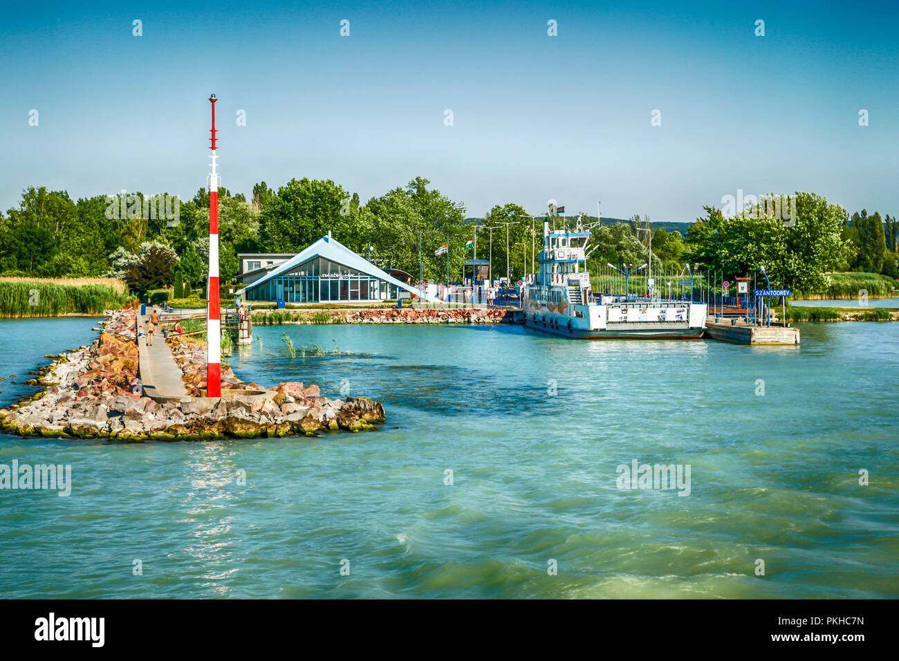 Lake Balaton's ferry car-carrier-ferry dock on beautiful summers day ...