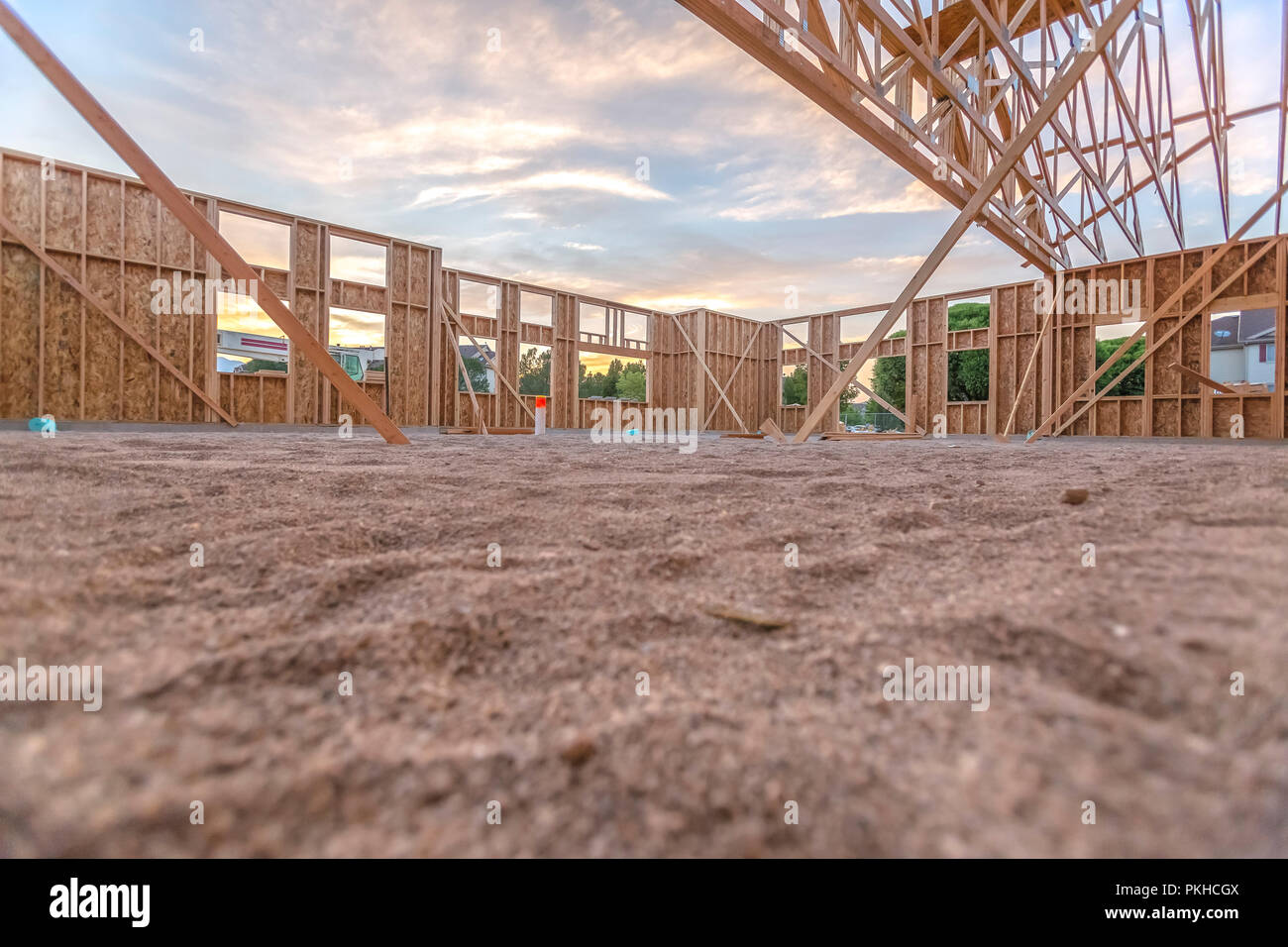 Wooden beams in sand area in building Stock Photo - Alamy