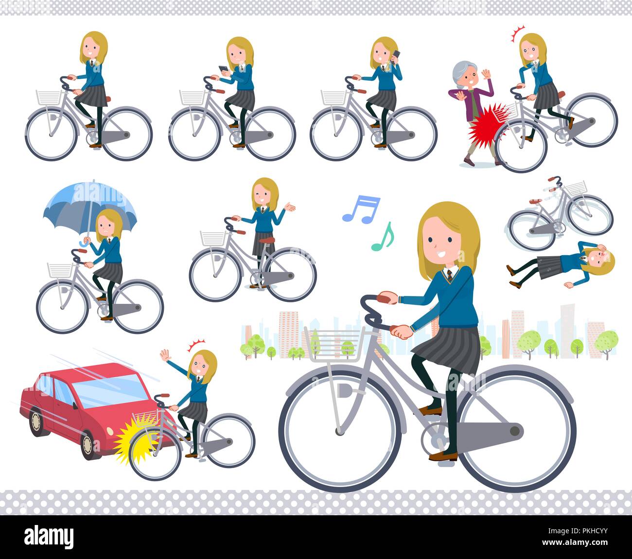 A set of school girl riding a city cycle.There are actions on manners ...