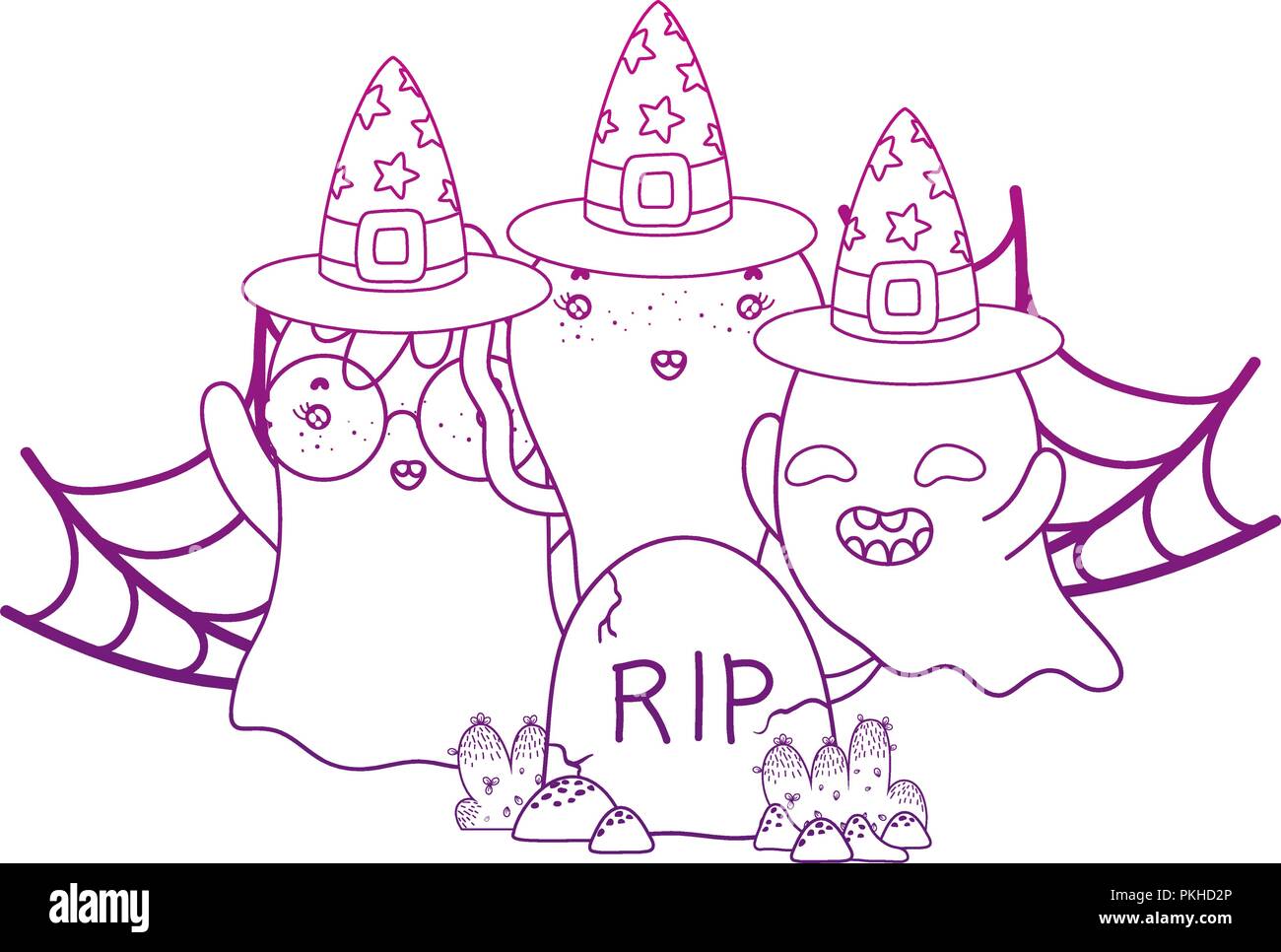 degraded outline ghosts with witch hat in the spiderweb and rip Stock ...