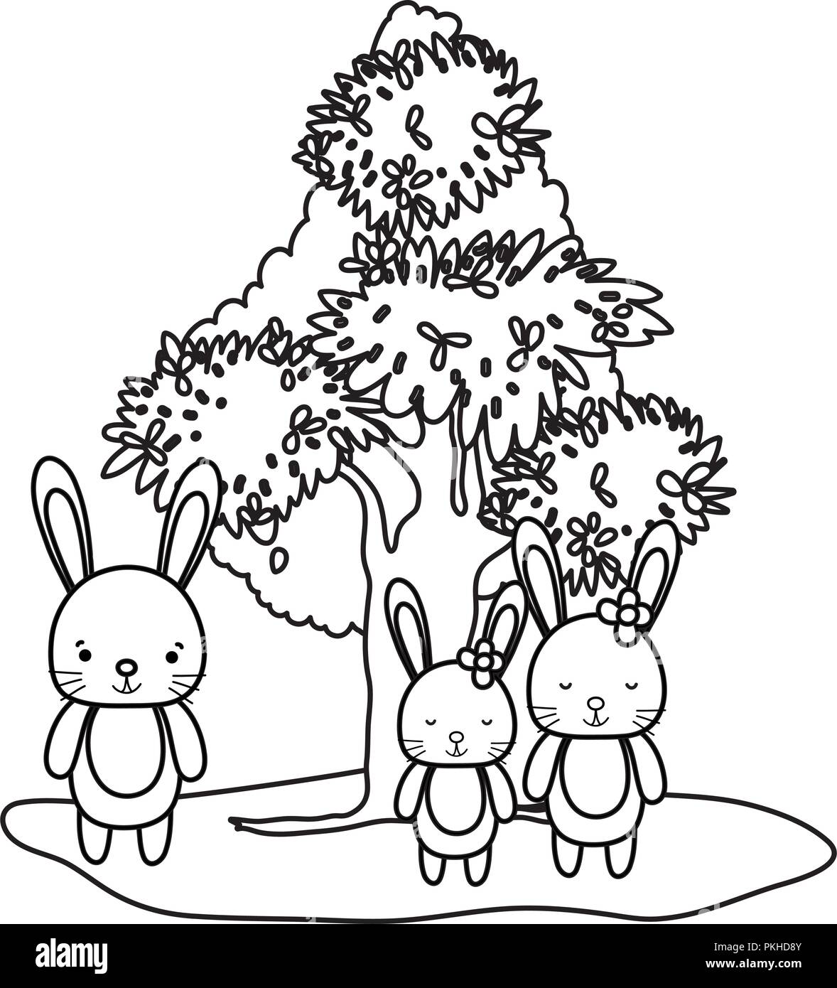 outline adorable rabbits family animal and tree Stock Vector Image ...