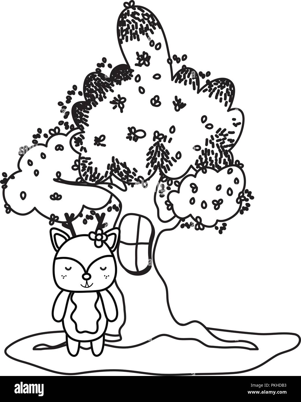 outline tree with window and cute deer wild animal Stock Vector Image ...