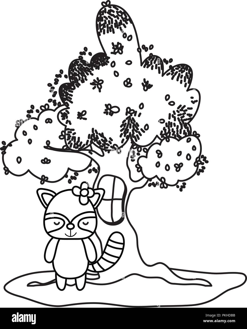 outline tree with window and adorable raccoon wild animal Stock Vector ...