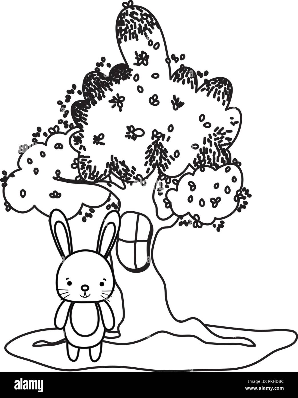 outline tree with window and cute rabbit wild animal Stock Vector Image ...