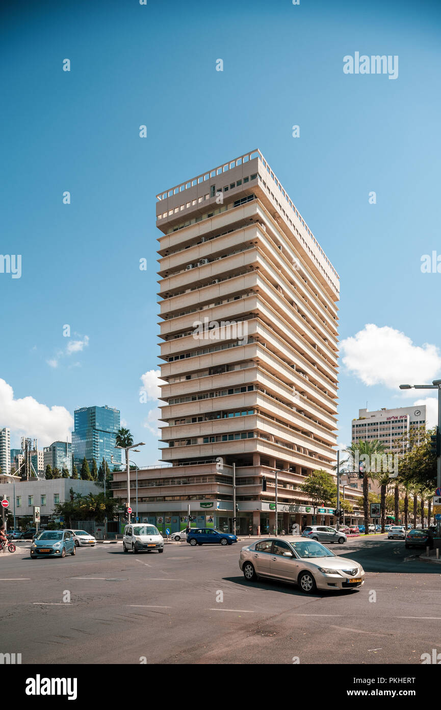 Israel, Tel Aviv - 08 September 2018: Yachin-Hakal building, corner of ...