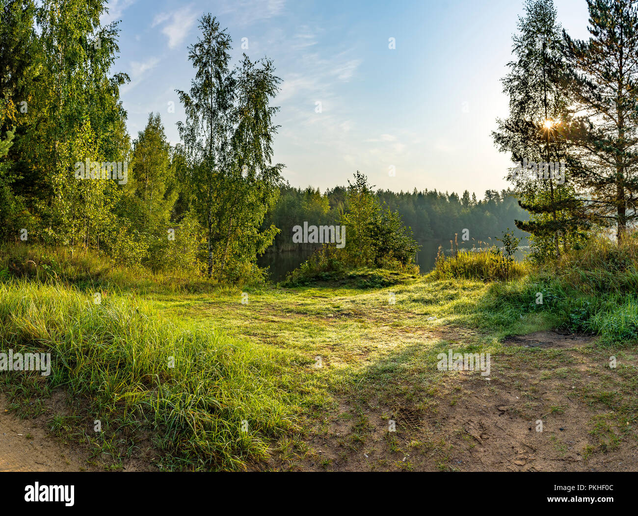 Early morning on the shore of a sandy quarry. Leningrad region ...