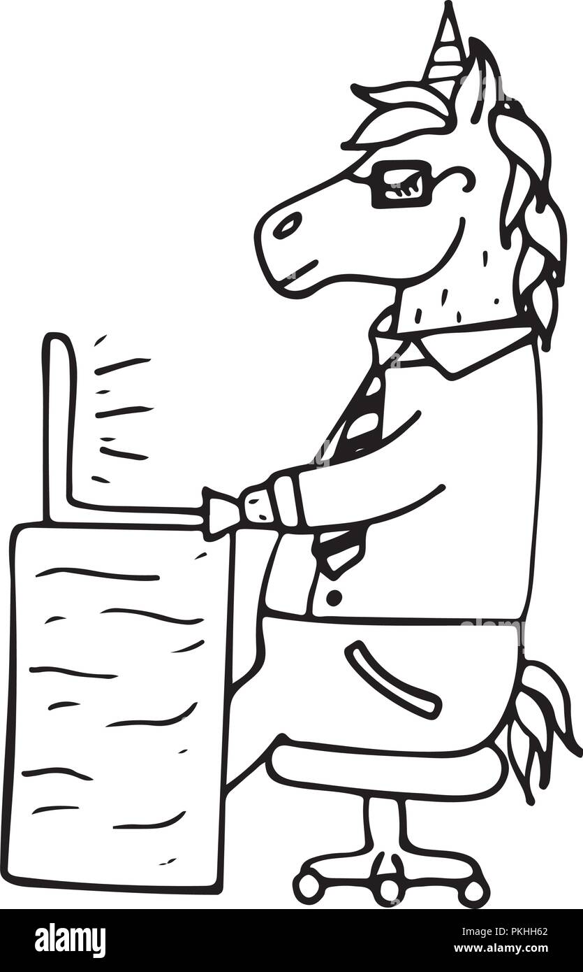 Lovely hand-drawn unicorn-manager working behind the laptop Stock ...