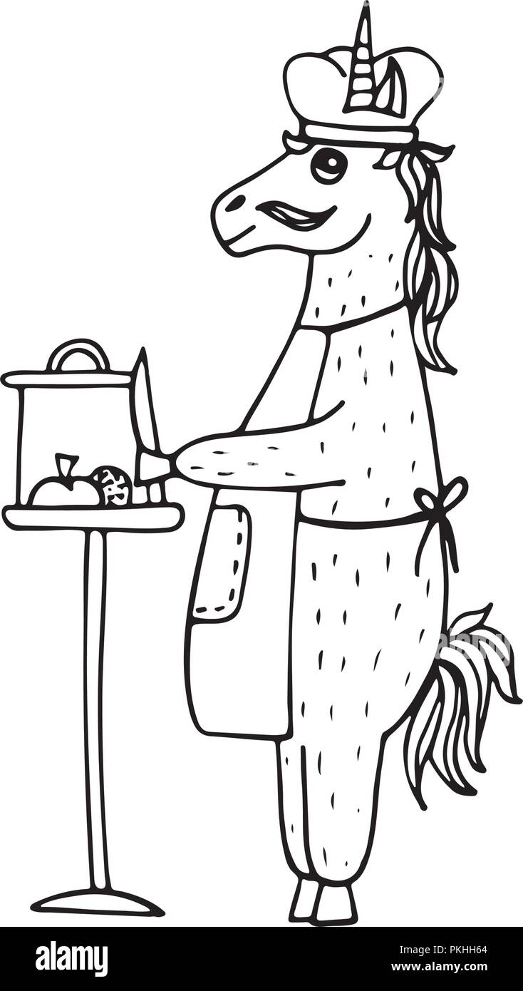 Lovely hand-drawn unicorn-cook in an apron the preparing dinner Stock ...