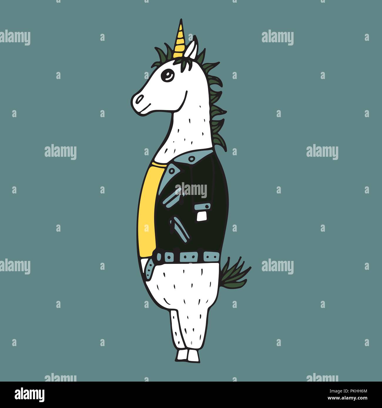 Lovely hand-drawn unicorn-rocker with a leather jacket and with a ...