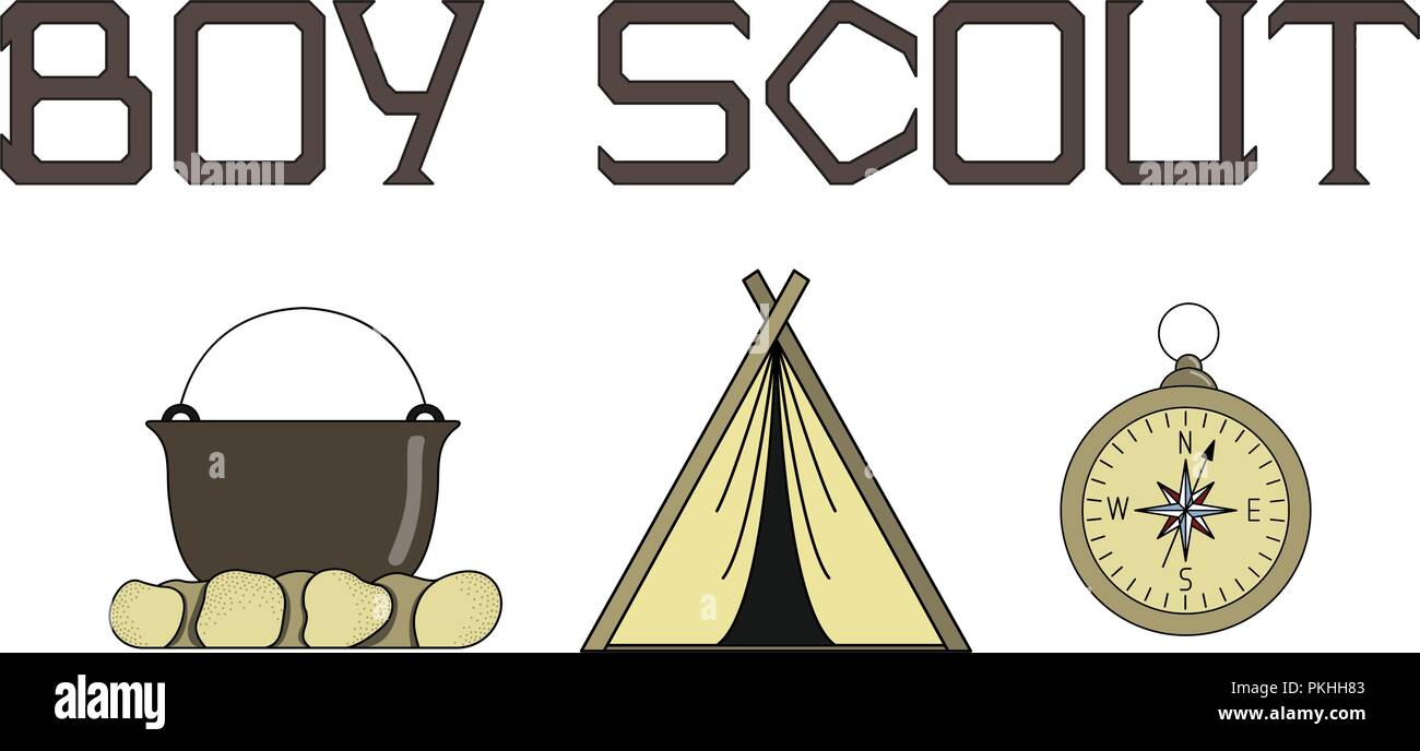 Bright illustration for boy scouts with a tent, a fire, and a compass ...