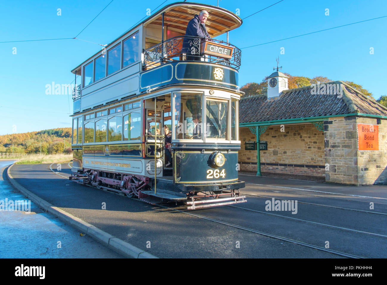Old tram in front of a shelter at Beamish Open Air Museum, County ...