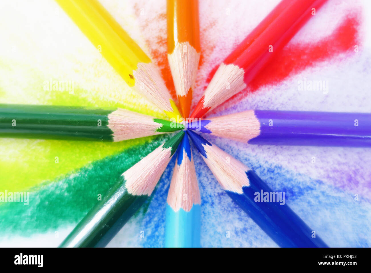 A circle of colored pencils on a color wheel on a white background ...