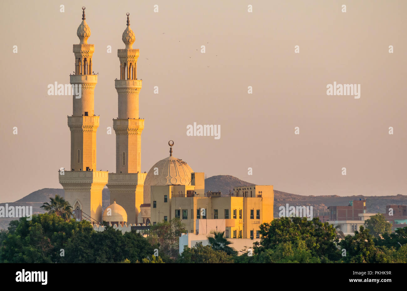 El-Tabia Mosque with towering minarets in early morning light, Aswan ...