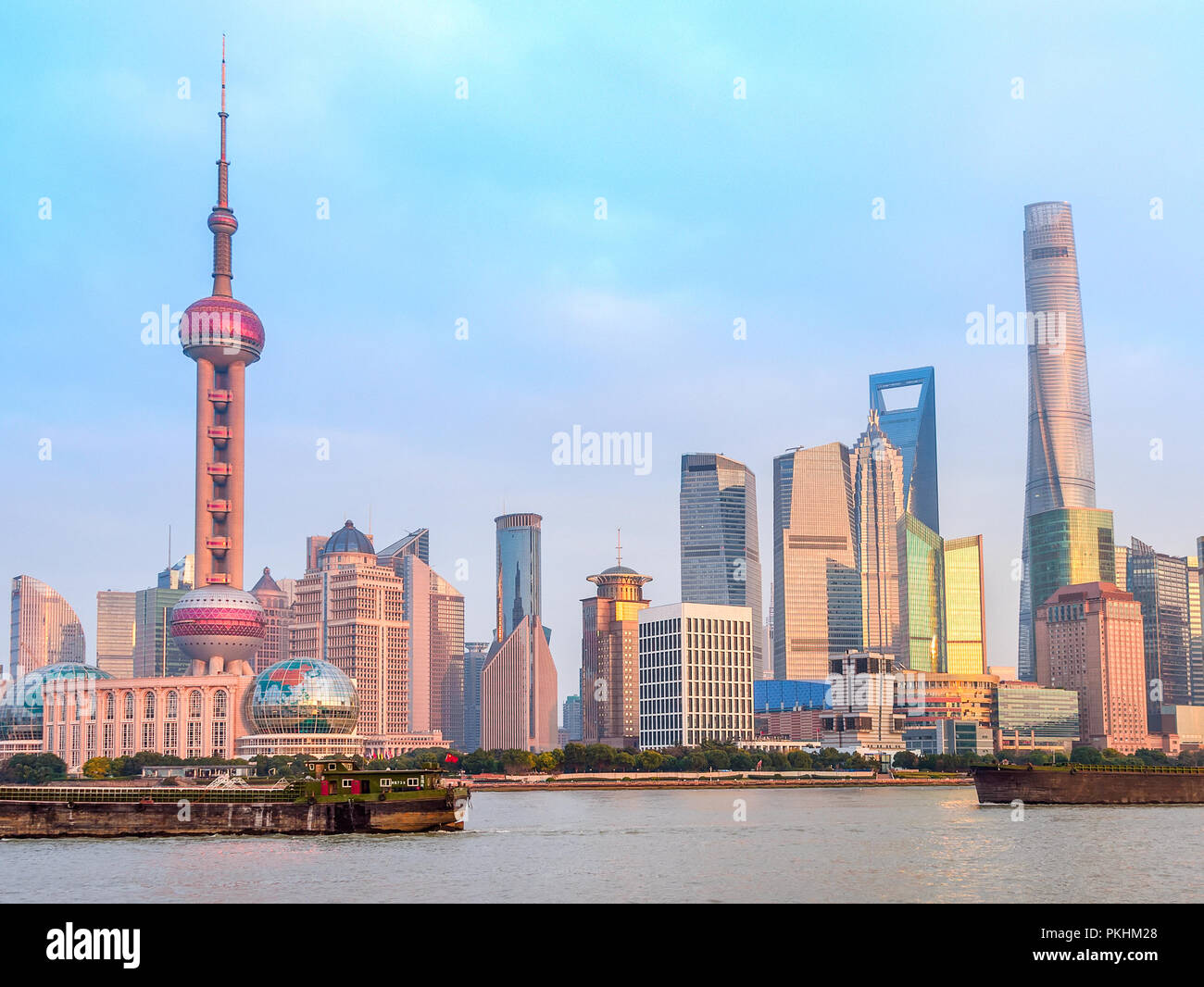 Cityscape with business downtown of Shanghai, tv tower and skyscrapers ...