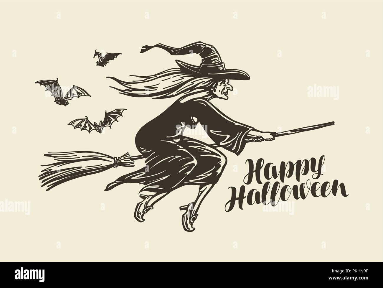 Halloween, greeting card. Old witch flies on broomstick. Vintage sketch ...