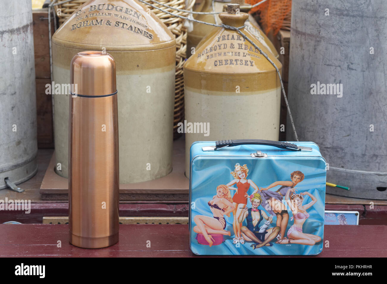 vintage lunch box and flask with clay pots Stock Photo - Alamy