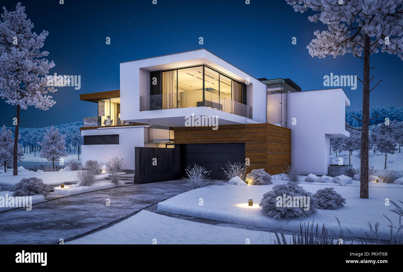 3d rendering of modern cozy house by the river with garage. Cool winter ...