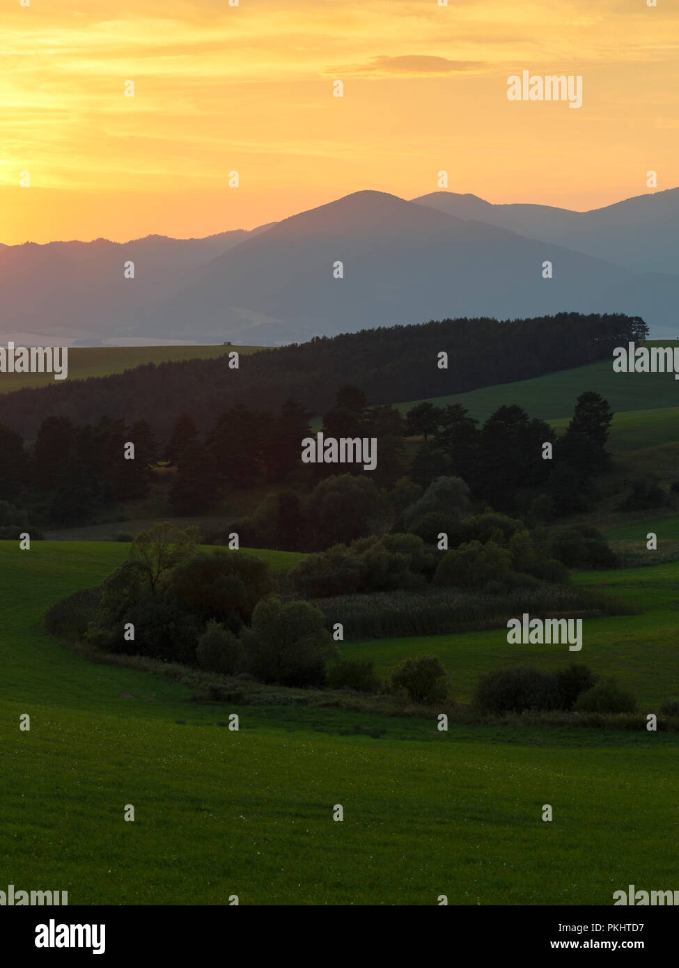 Pastures and patches of woodland in Turiec region in central Slovakia ...