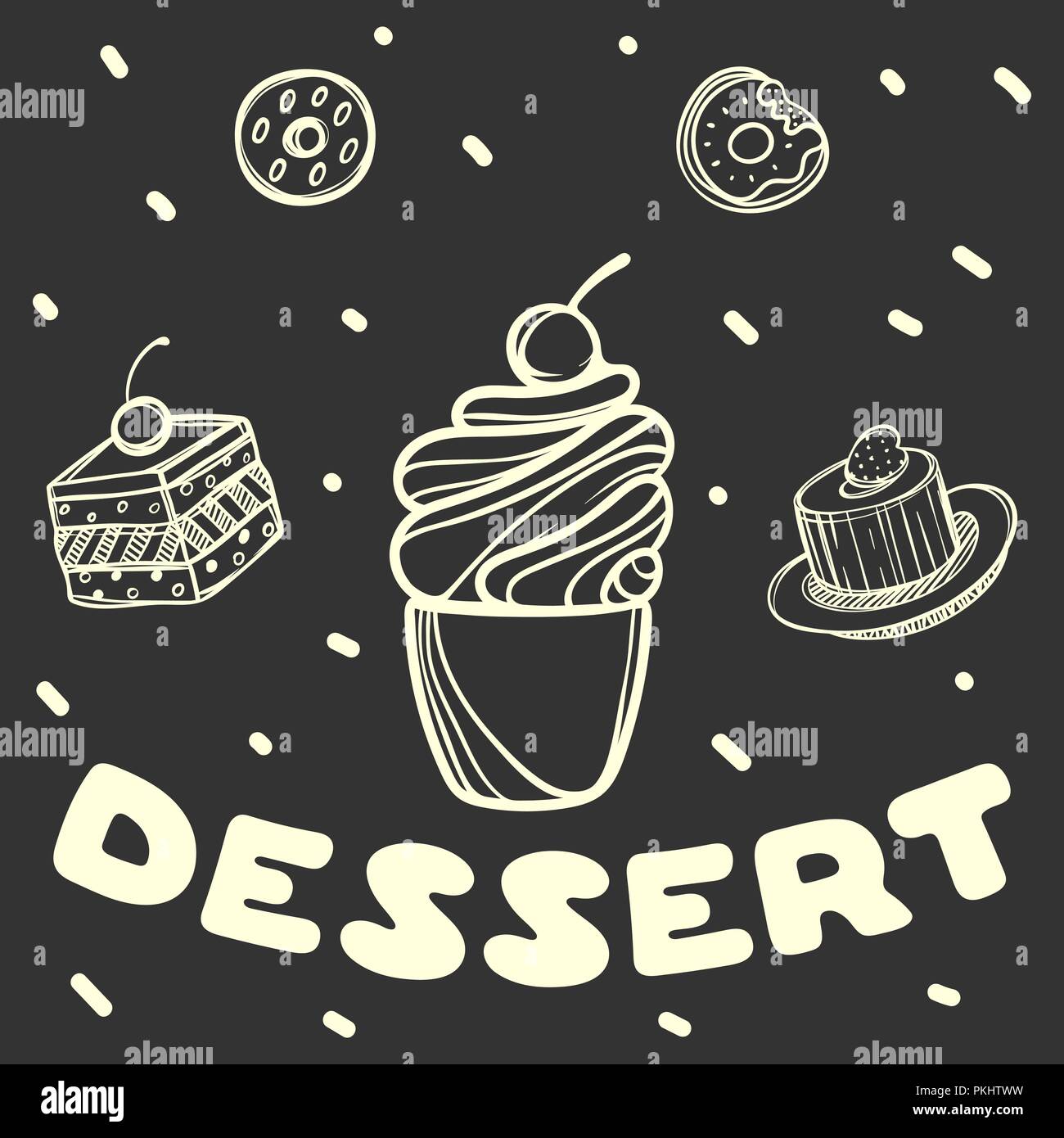 Cartoon ice cream on black background. Hand drawn illustration ...