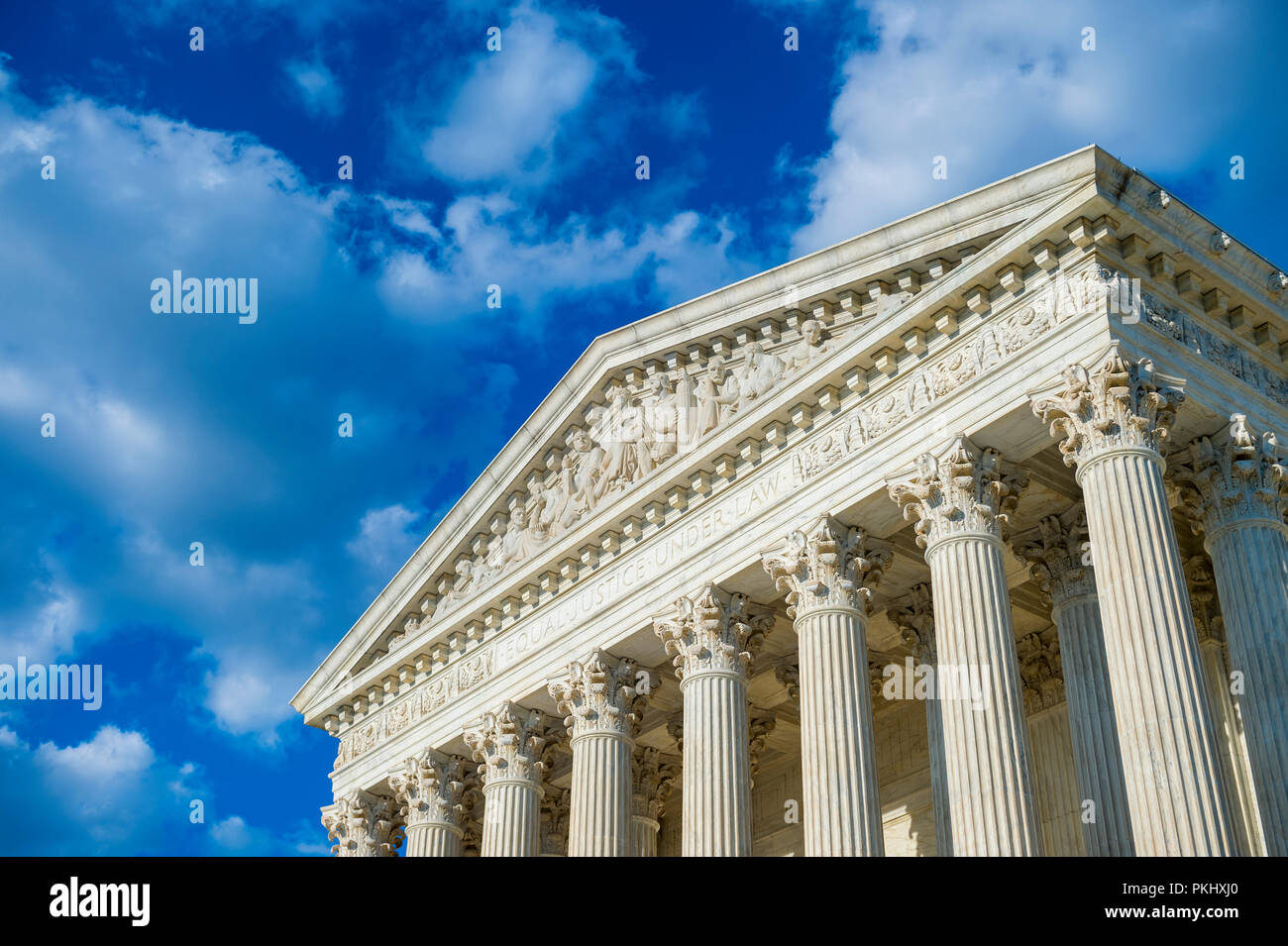 Neoclassical columned entrance portico to the US Supreme Court building ...