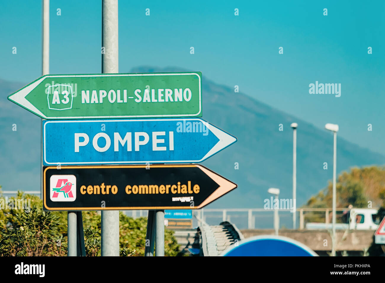 Rome, Italy - October 4, 2017: Pompei and Napoli Salerno Traffic signs ...