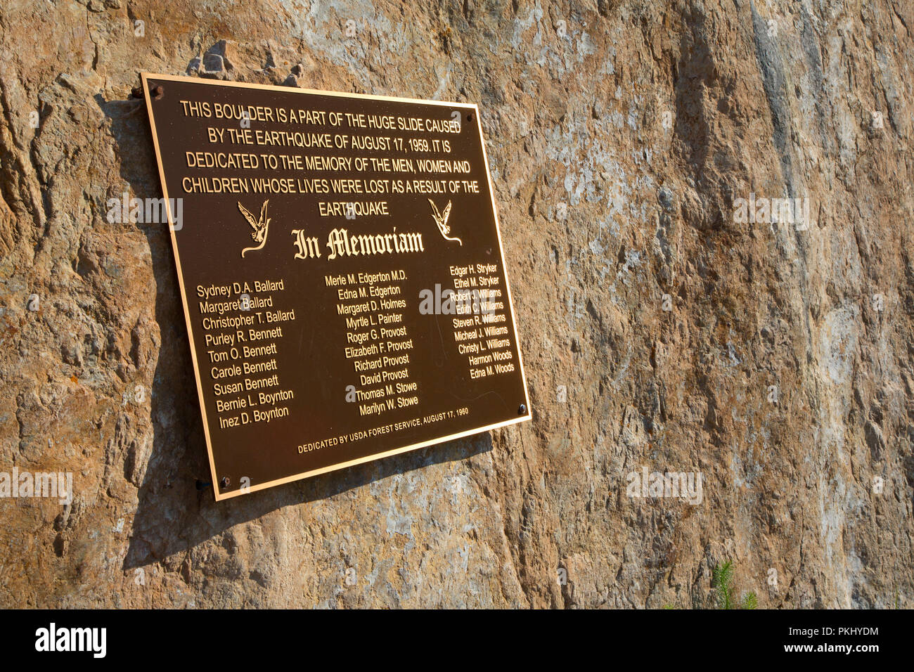 Memorial Boulder plaque, Madison River Canyon Earthquake Area, Gallatin ...