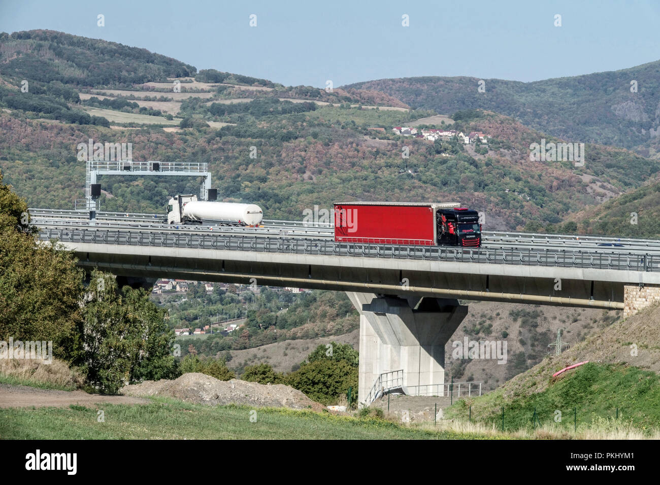 Truck on road, Highway Bridge near Prackovice, the D8 motorway runs ...