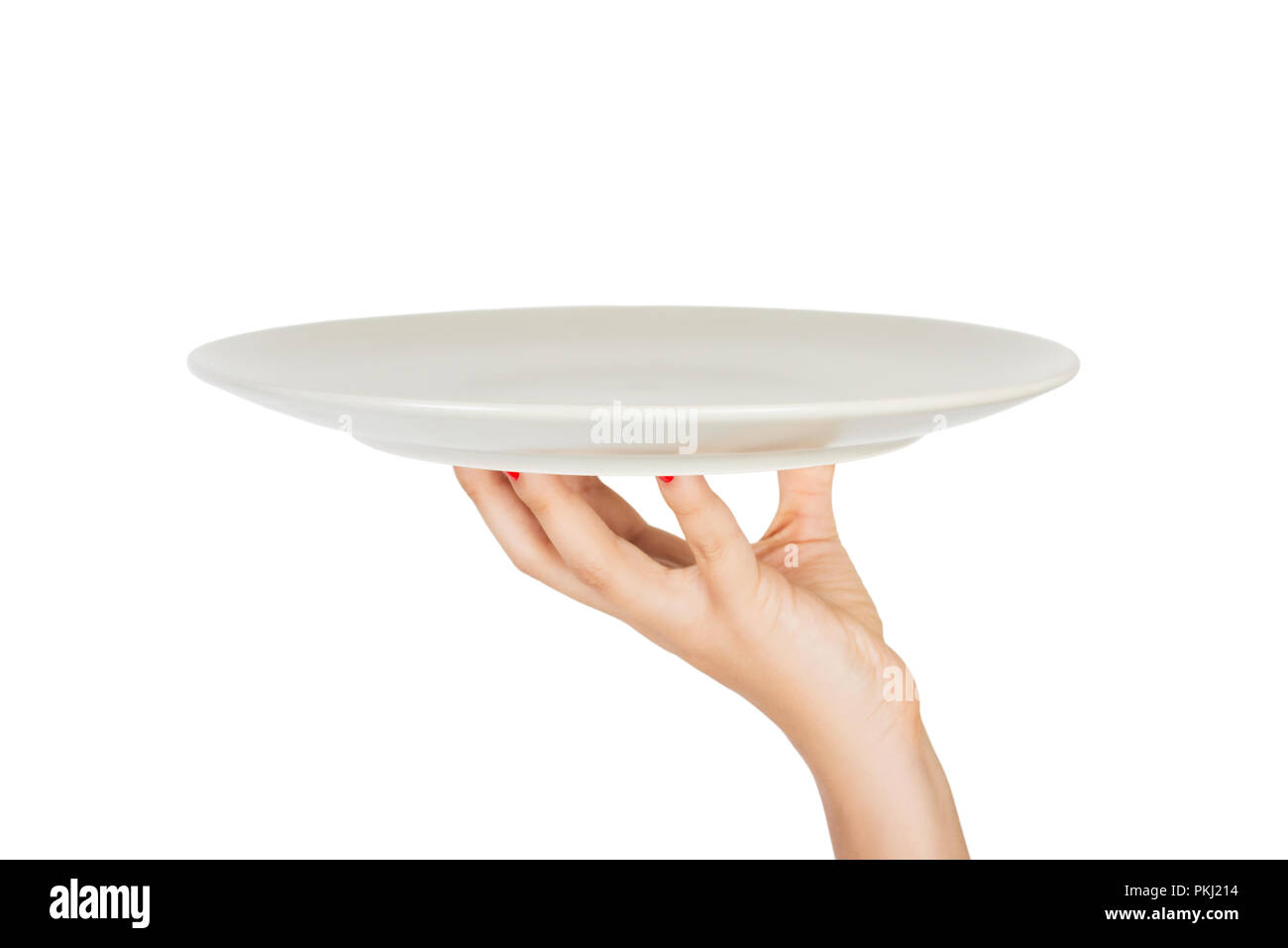 human hand with blank plate isolated on white background. perspective ...