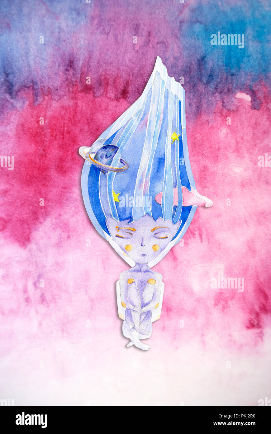 Watercolor Cosmic Girl fantasy wonam Space Young Girl with planets in ...