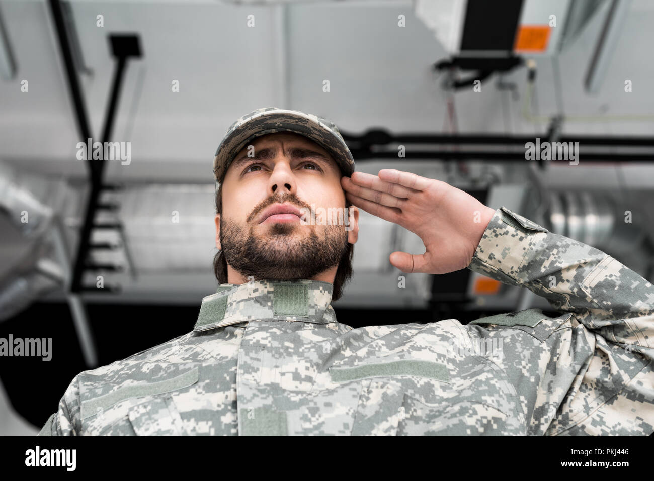 low angle view of confident soldier in military uniform saluting with ...