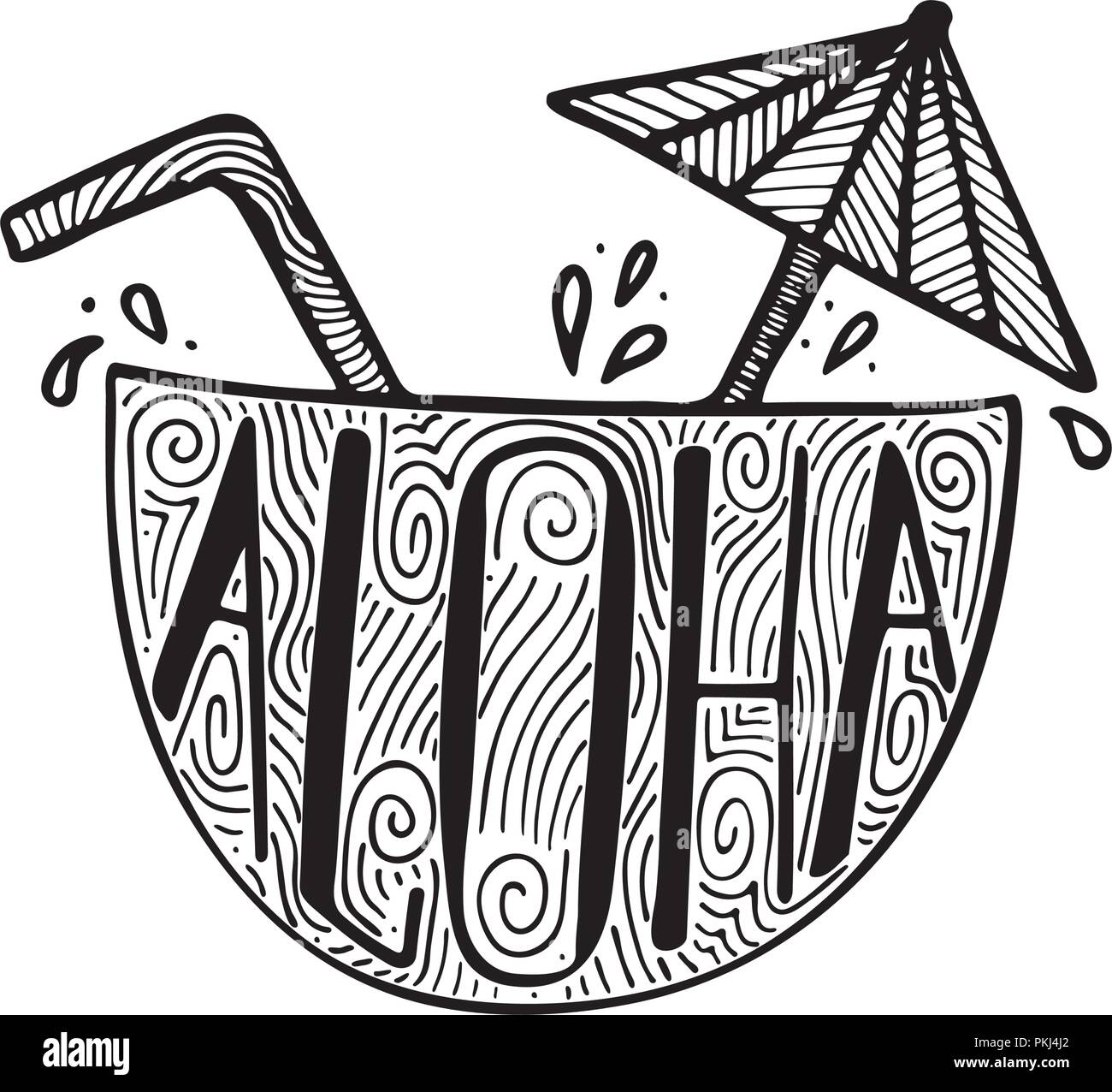 Illustration of a cocktail in a coco with a unique hand-drawn lettering ...