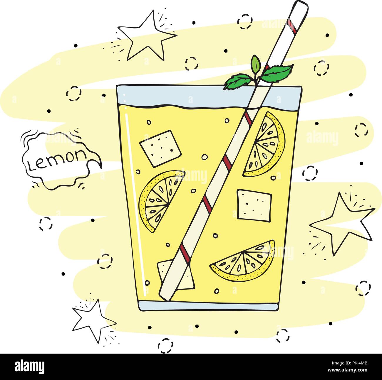 Hand-drawn lemonade illustration in a glass with segments of a lemon ...