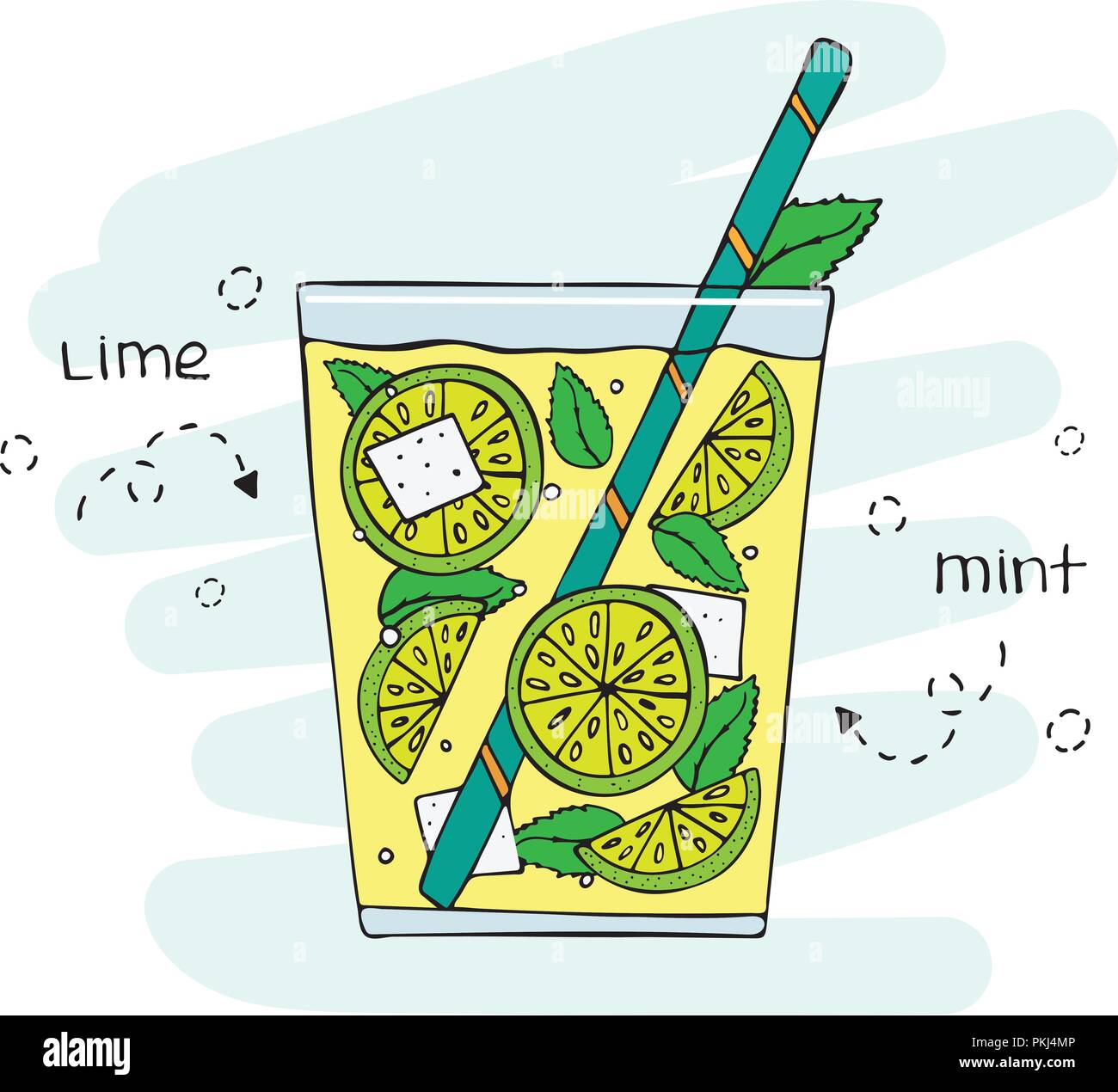 Hand-drawn lemonade illustration in a glass with segments of a lyme and ...