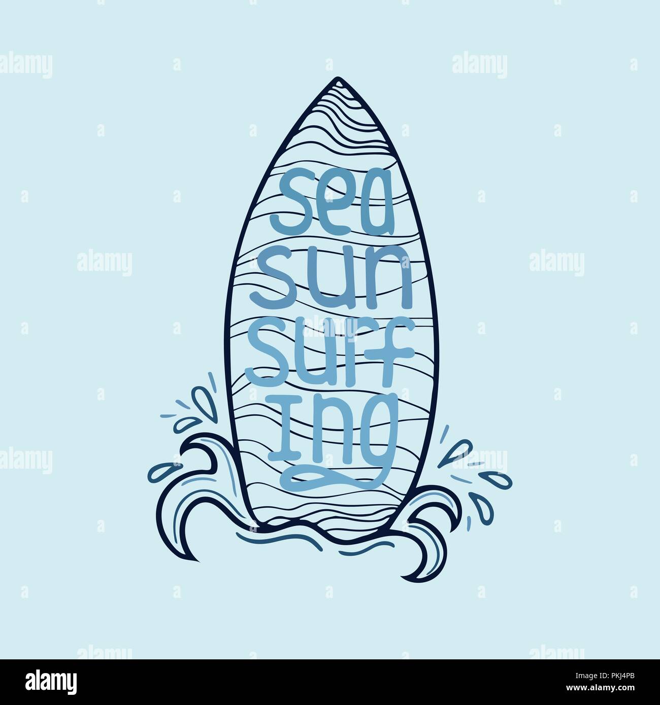 Unique illustration with a hand-drawn lettering for surfing. Sea, sun ...