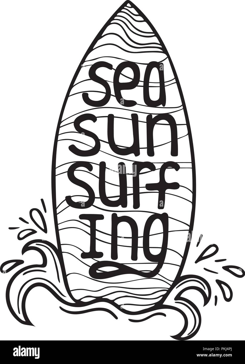Unique illustration with a hand-drawn lettering for surfing. Sea, sun ...