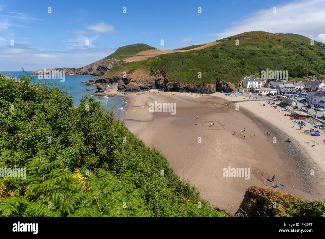 Looking North onto Llangrannog beach from the cliff path, on a warm ...