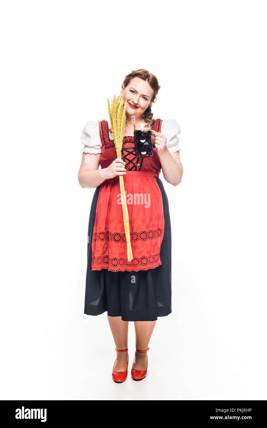 happy oktoberfest waitress in traditional german dress holding wheat ...