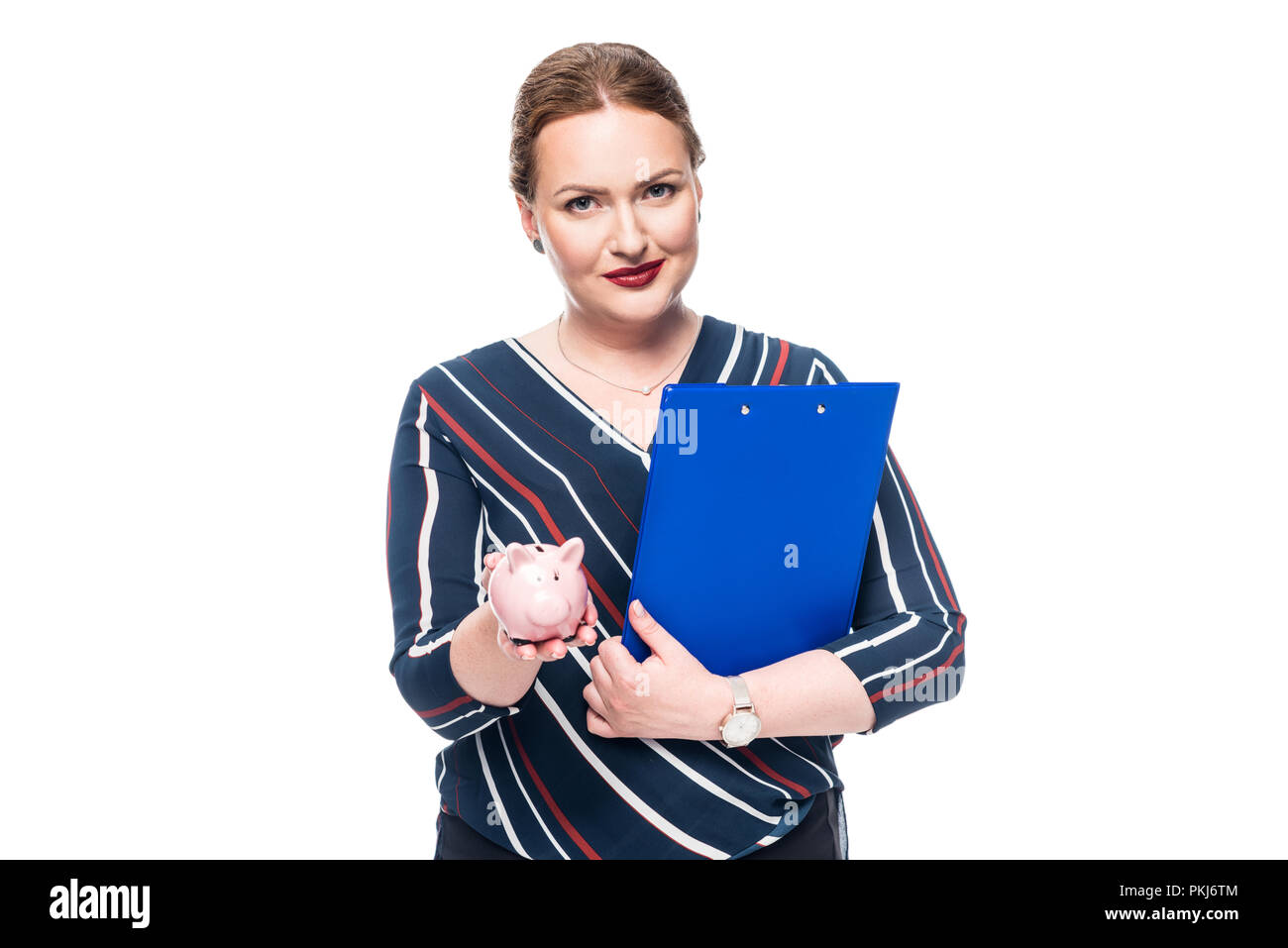 smiling female accountant with clipboard showing pink piggy bank ...
