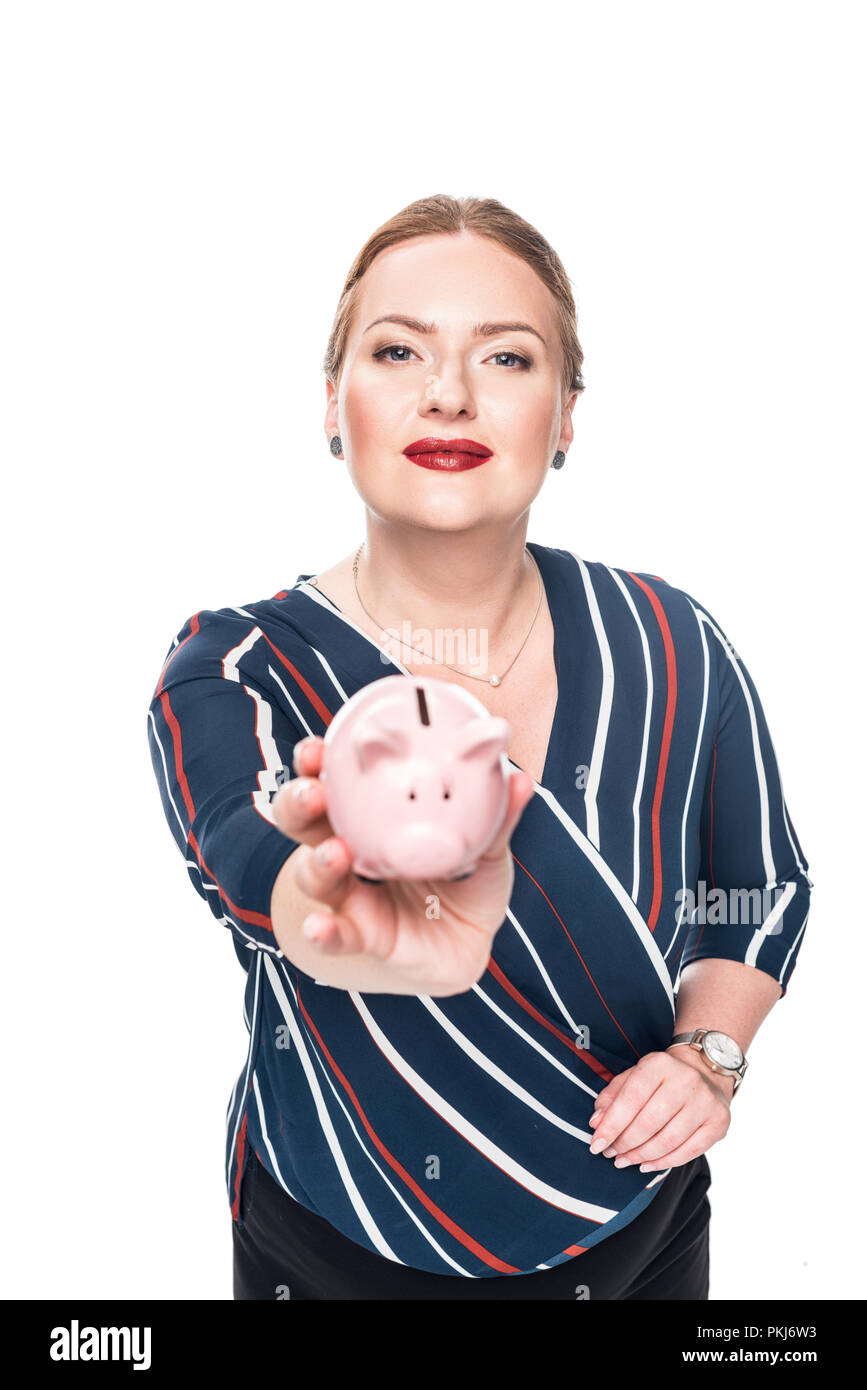 happy female accountant giving pink piggy bank isolated on white ...