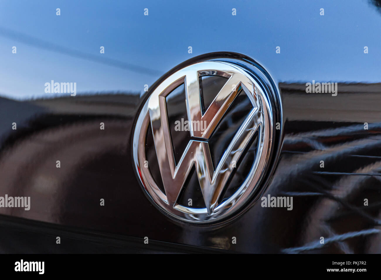 LUGO, ITALY - September 11, 2018: light enlightening Volkswagen logo on ...