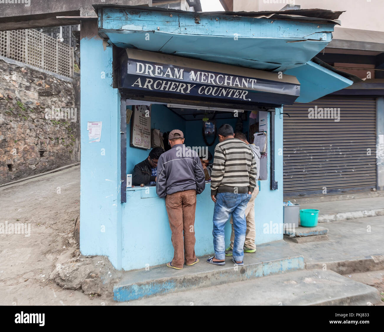 Dream Merchant sign at archery counter betting stall, Shillong ...