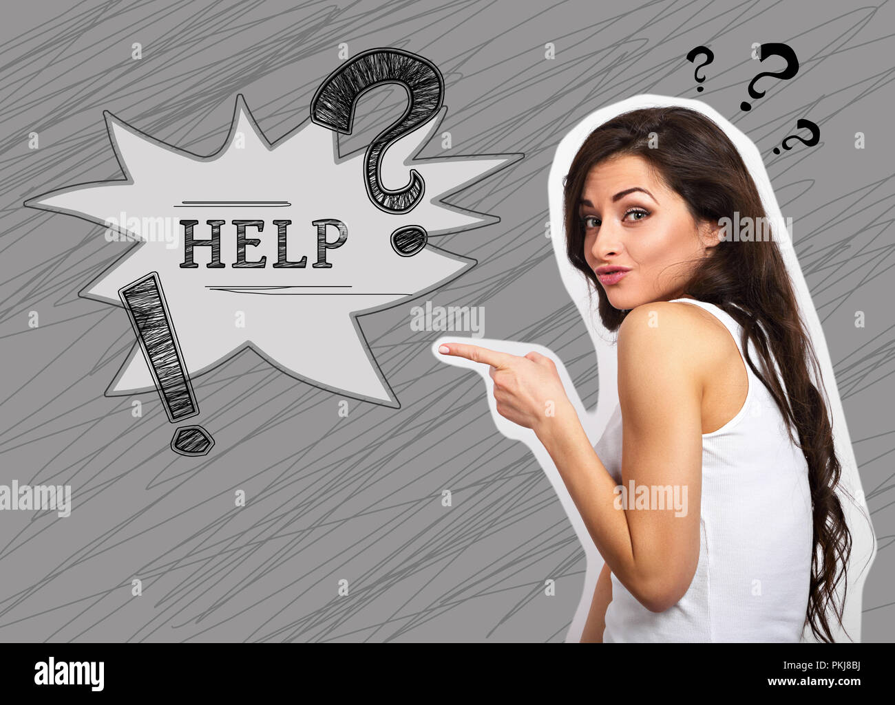 Happy smiling excited woman showing the finger on the speech bubble ...