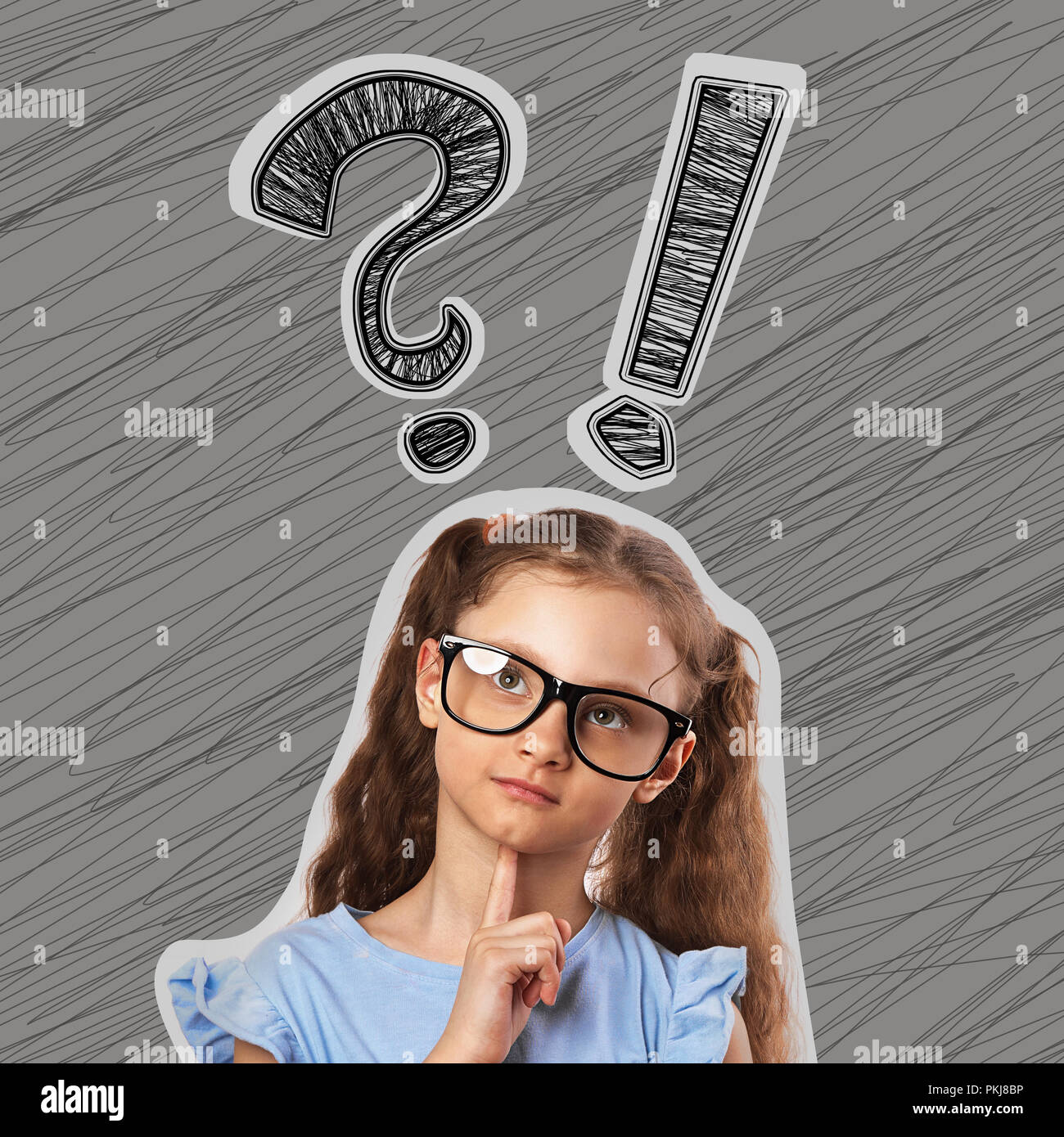 Thinking cute small kid girl in eyeglasses with question and ...